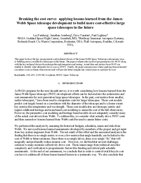 (PDF) Breaking the cost curve: applying lessons learned from the James Webb space telescope ...