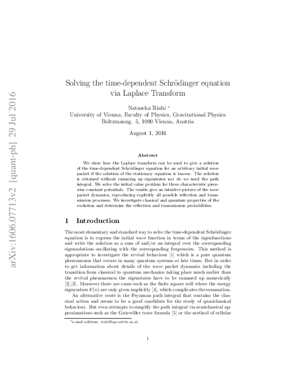 Pdf Solving The Time Dependent Schrödinger Equation Via Laplace Transform