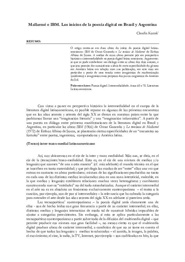 (PDF) Mallarmé e IBM. Los inicios de la poesía digital en Brasil y ...