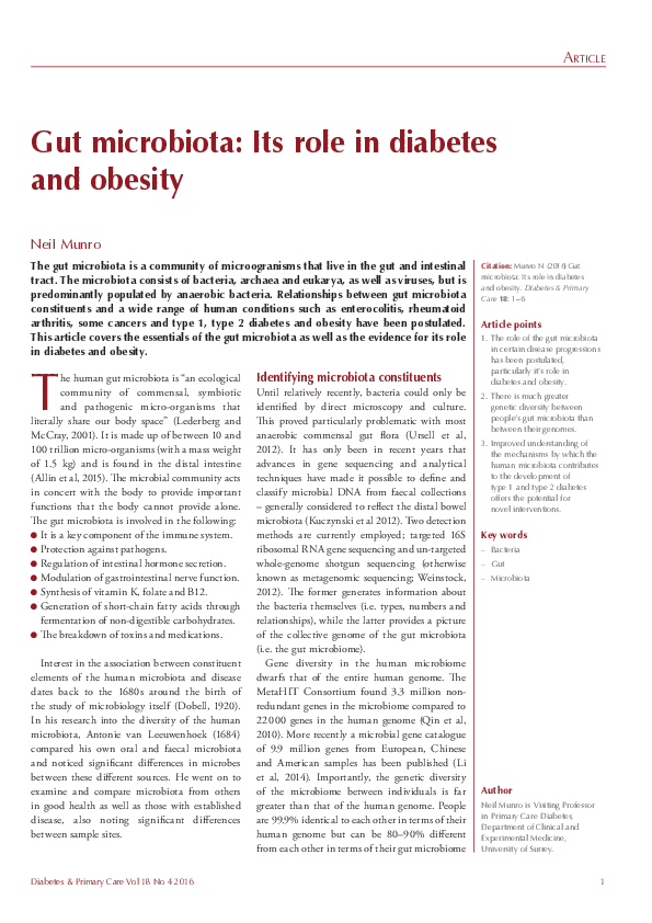 (PDF) Gut microbiota : Its role in diabetes and obesity 2 Diabetes ...