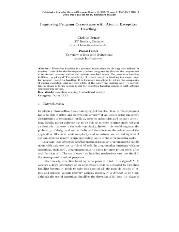 (PDF) Improving Program Correctness with Atomic Exception Handling | Robert Doran - Academia.edu