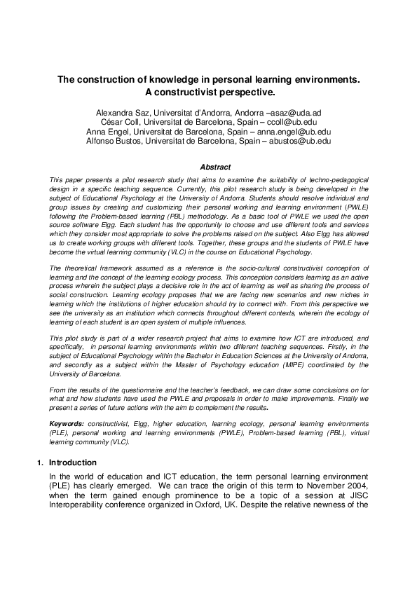(PDF) The construction of knowledge in personal learning environments. A constructivist perspective