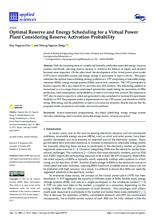 (PDF) Optimal Reserve and Energy Scheduling for a Virtual Power Plant ...
