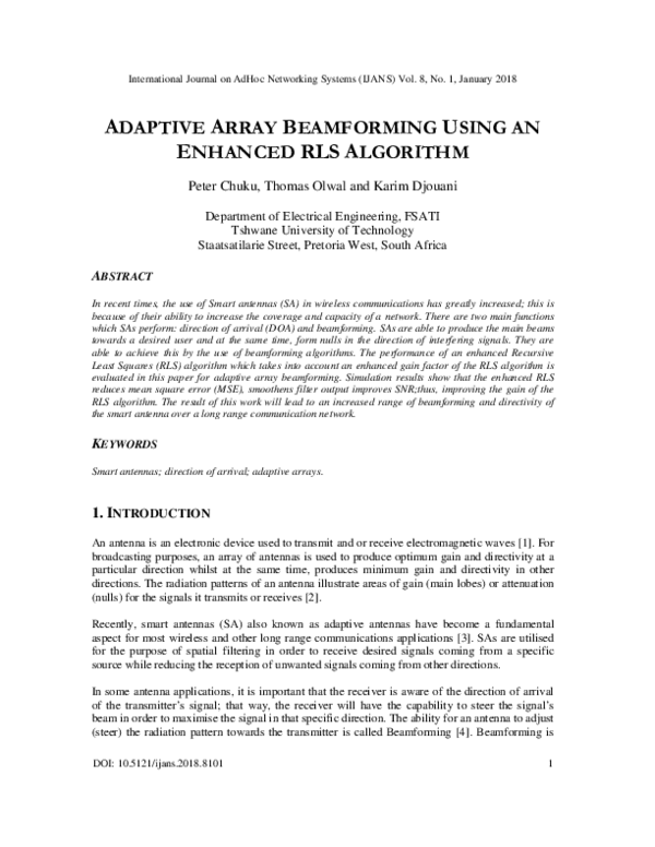 Pdf Adaptive Array Beamforming Using An Enhanced Rls Algorithm
