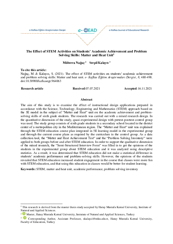 (PDF) The Effect of STEM Activities on Students’ Academic Achievement and Problem Solving Skills ...