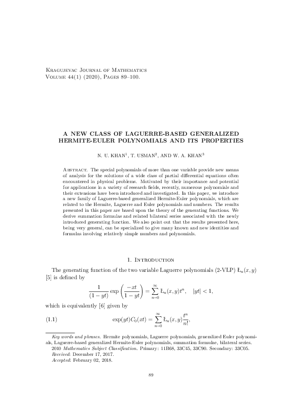 (PDF) A New Class of Laguerre-Based Generalized Hermite-Euler Polynomials and its Properties