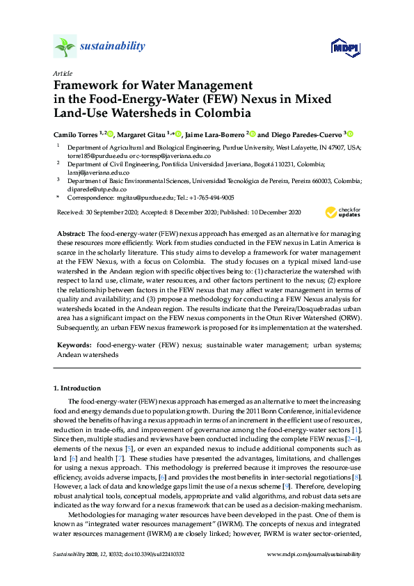 (PDF) Framework for Water Management in the Food-Energy-Water (FEW ...