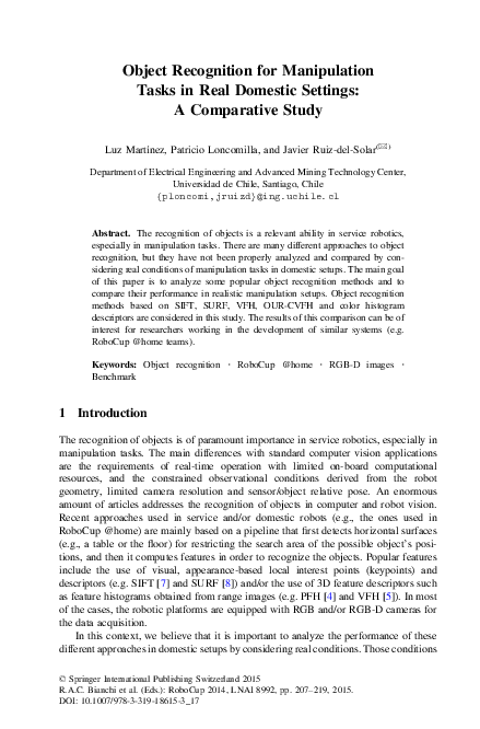 (PDF) Object Recognition for Manipulation Tasks in Real Domestic Settings: A Comparative Study
