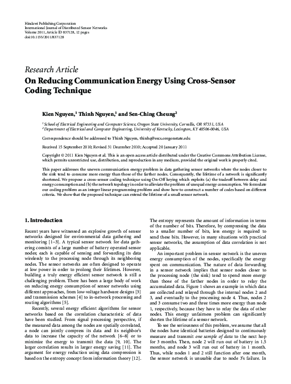(PDF) On Reducing Communication Energy Using Cross-Sensor Coding Technique