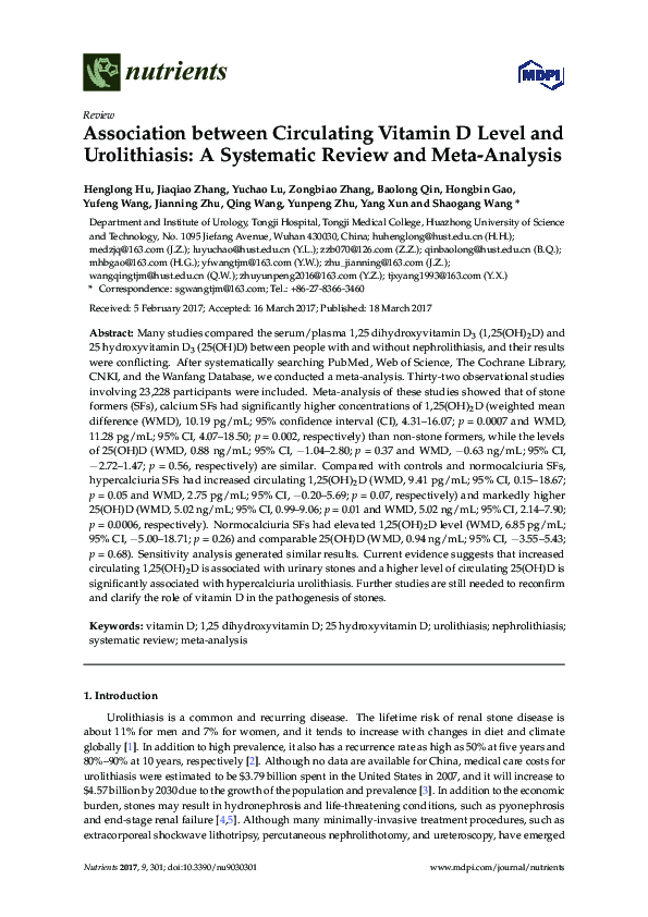 (PDF) Association between Circulating Vitamin D Level and Urolithiasis: A Systematic Review and ...
