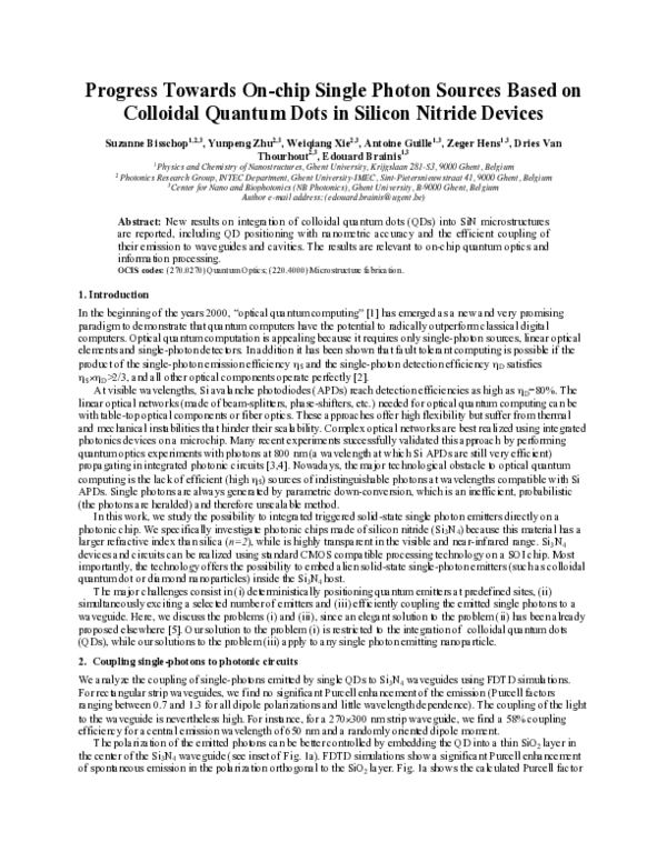 (PDF) Progress Towards On-chip Single Photon Sources Based on Colloidal Quantum Dots in Silicon ...