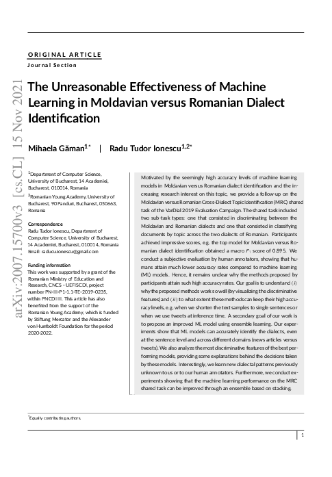 The Unreasonable Effectiveness Of Machine Learning In Moldavian Versus Romanian Dialect
