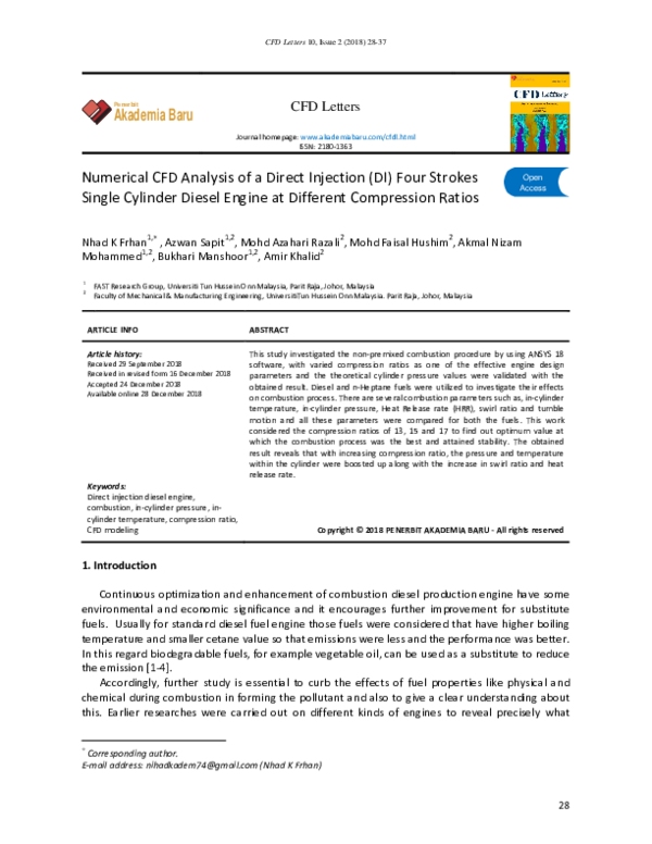 (PDF) Numerical CFD Analysis of a Direct Injection ( DI ) Four Strokes ...