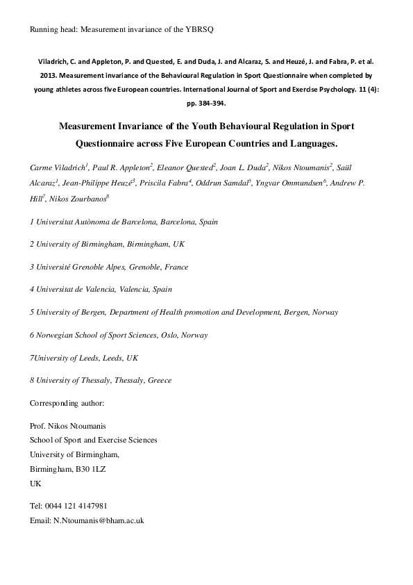 (PDF) Measurement Invariance of the Behavioural Regulation in Sport Questionnaire When Completed ...