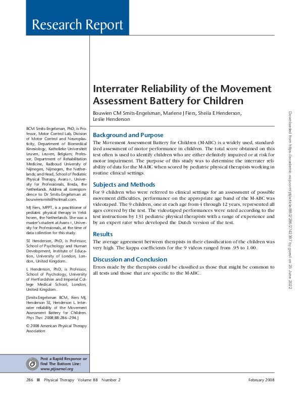 (PDF) Interrater Reliability of the Movement Assessment Battery for ...