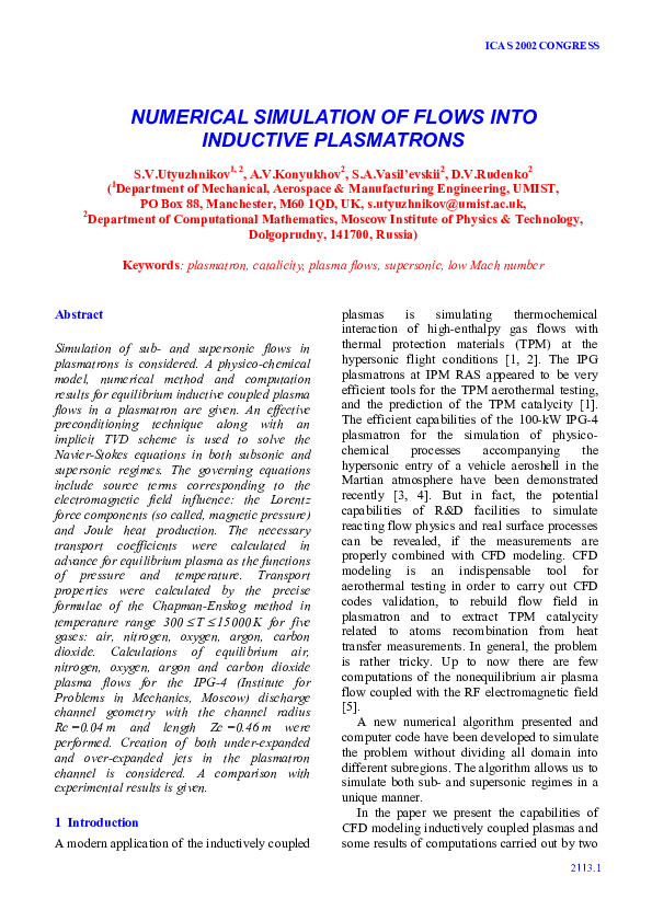 Pdf Numerical Simulation Of Flows Into Inductive Plasmatrons
