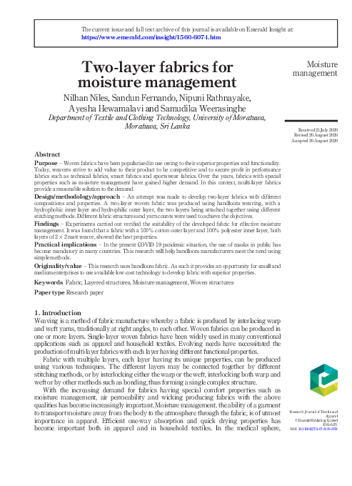 (PDF) Two-layer fabrics for moisture management