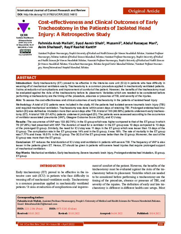 (PDF) Cost-effectiveness and Clinical Outcomes of Early Tracheostomy in ...