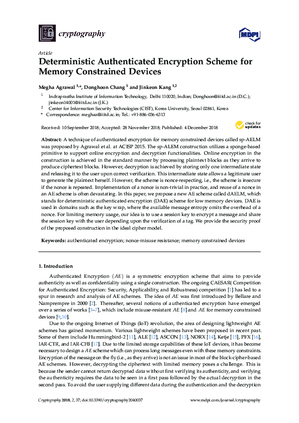Pdf Deterministic Authenticated Encryption Scheme For Memory Constrained Devices Jinkeon