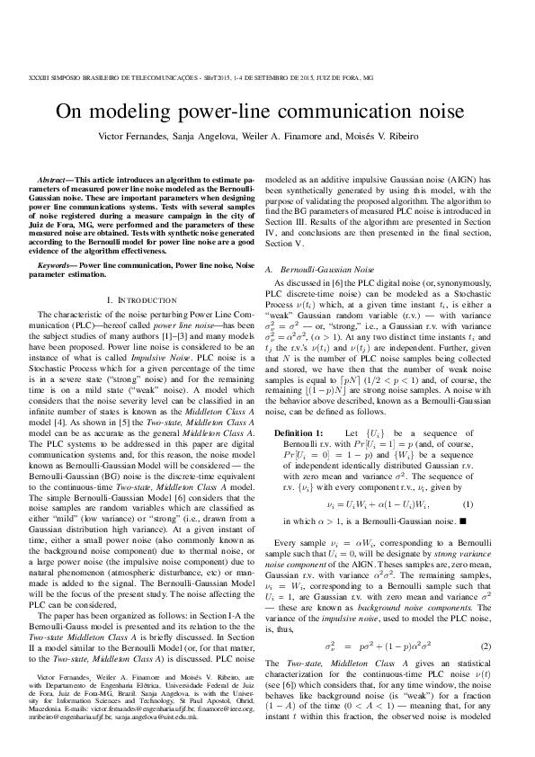 Pdf On Modeling Power Line Communication Noise Victor Fernandes