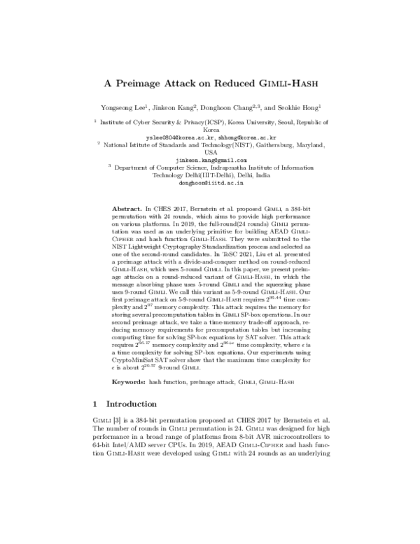 (PDF) A Preimage Attack on Reduced Gimli-Hash