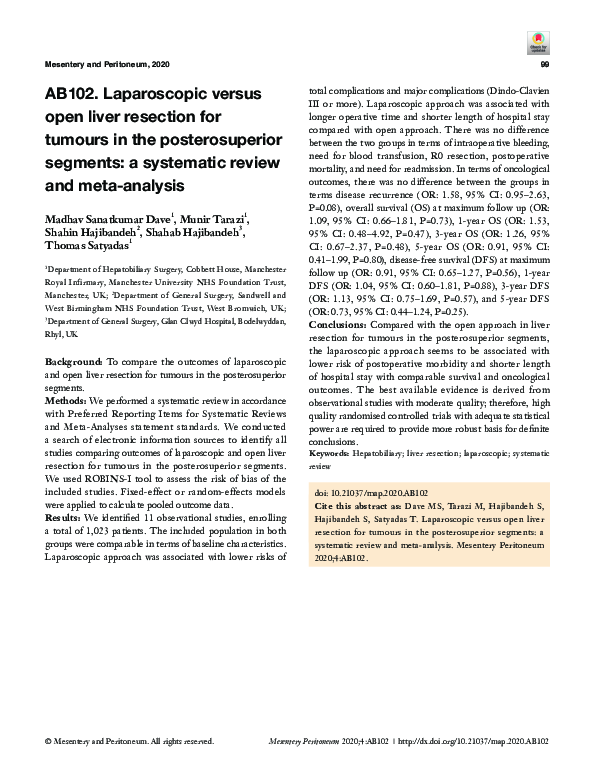 (PDF) AB102. Laparoscopic versus open liver resection for tumours in the posterosuperior ...