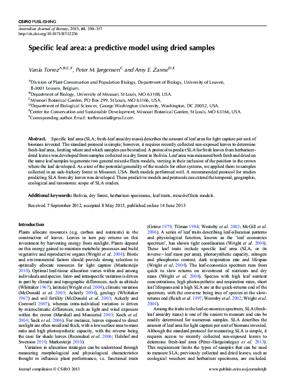 (PDF) Specific leaf area: a predictive model using dried samples