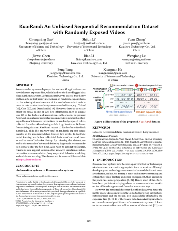 (PDF) KuaiRand: An Unbiased Sequential Recommendation Dataset with Randomly Exposed Videos