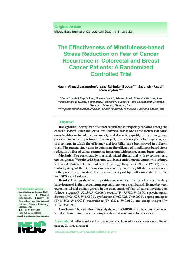 (PDF) The Effectiveness of Mindfulness-based Stress Reduction on Fear ...