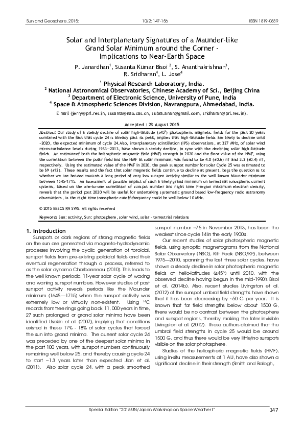 (PDF) Solar and Interplanetary Signatures of a Future Grand Solar Minimum