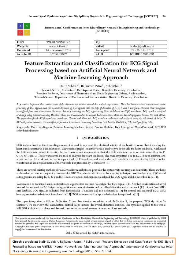 (PDF) Feature Extraction and Classification for ECG Signal Processing ...