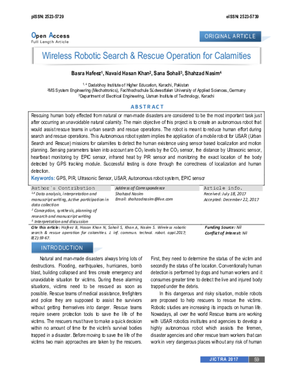 Pdf Wireless Robotic Search And Rescue Operation For Calamities