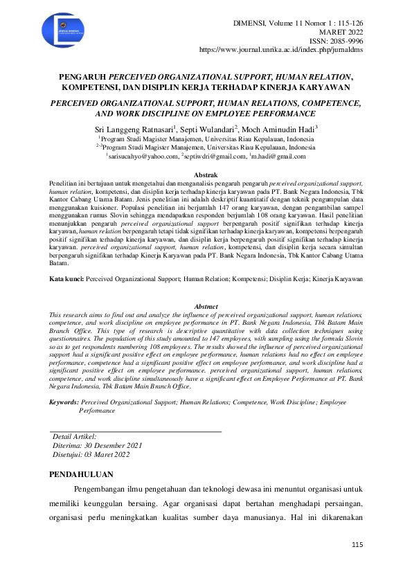 (PDF) Pengaruh Perceived Organizational Support, Human Relation, Kompetensi, Dan Disiplin Kerja ...