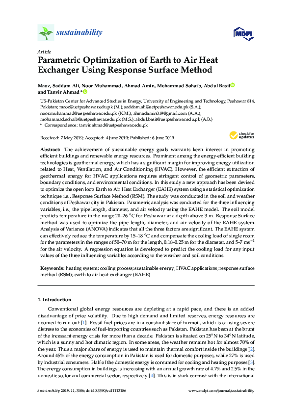 (PDF) Parametric Optimization of Earth to Air Heat Exchanger Using Response Surface Method