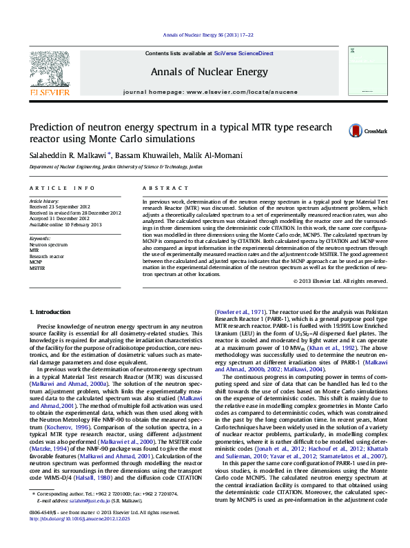 (PDF) Prediction of neutron energy spectrum in a typical MTR type research reactor using Monte ...