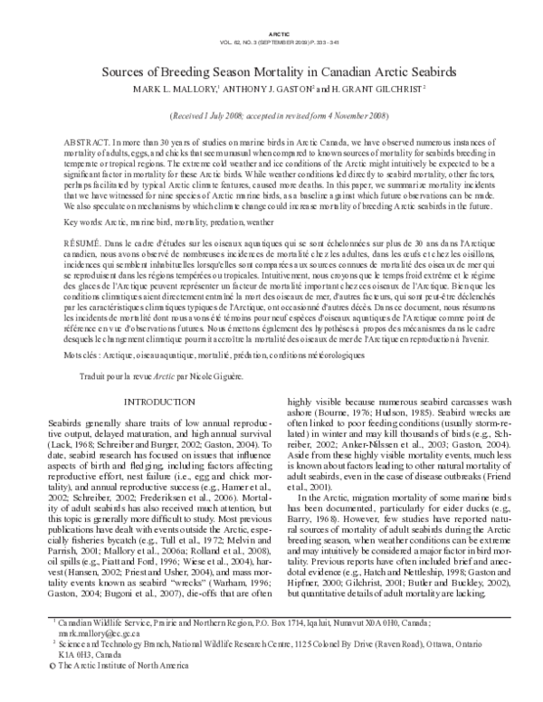 (PDF) Sources of Breeding Season Mortality in Canadian Arctic Seabirds