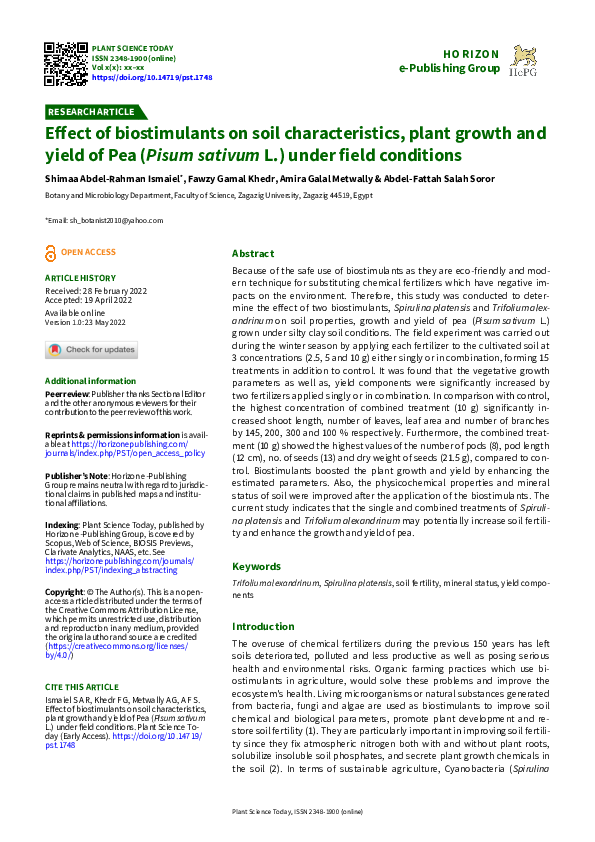 (PDF) Effect of biostimulants on soil characteristics, plant growth and yield of Pea (Pisum ...