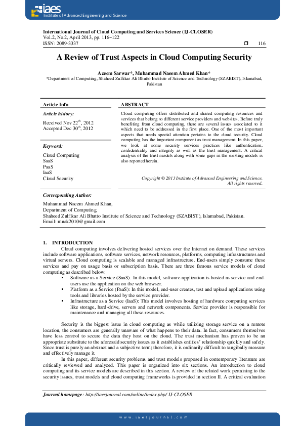 (PDF) A Review of Trust Aspects in Cloud Computing Security