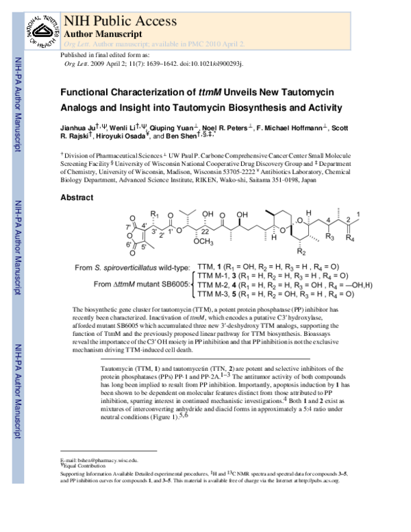 (PDF) Characterizing ttmM Reveals New Tautomycin Analogs