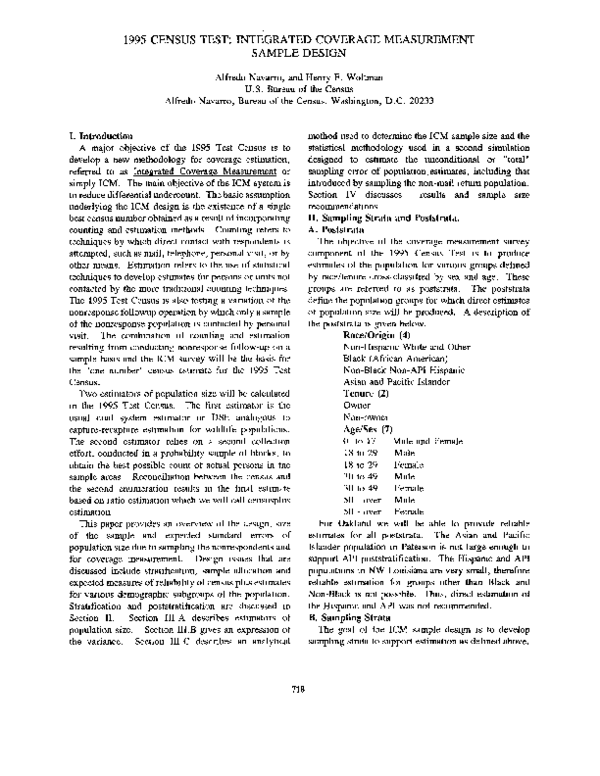 (PDF) 1995 Census Test: Integrated Coverage Measurement Sample Design