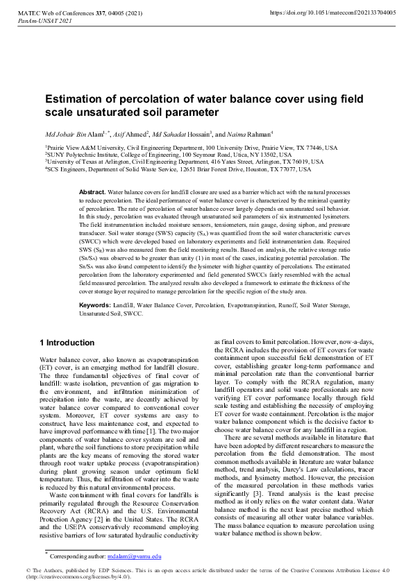 (PDF) Estimation of percolation of water balance cover using field ...