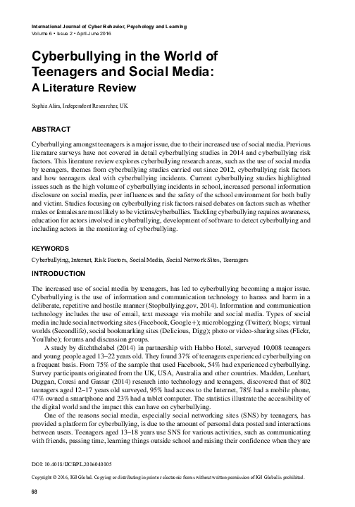 (PDF) Cyberbullying in the World of Teenagers and Social Media