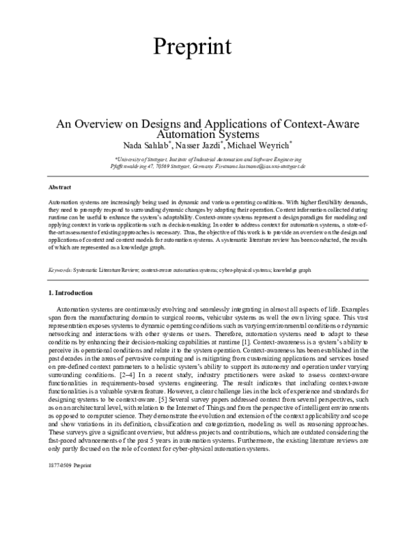 Pdf An Overview On Designs And Applications Of Context Aware Automation Systems