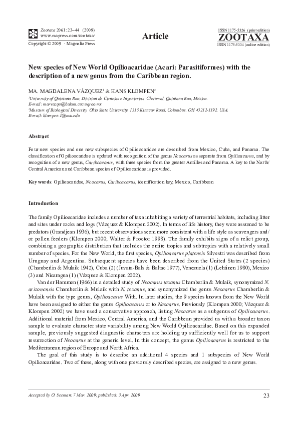 (PDF) New species of New World Opilioacaridae (Acari: Parasitiformes ...