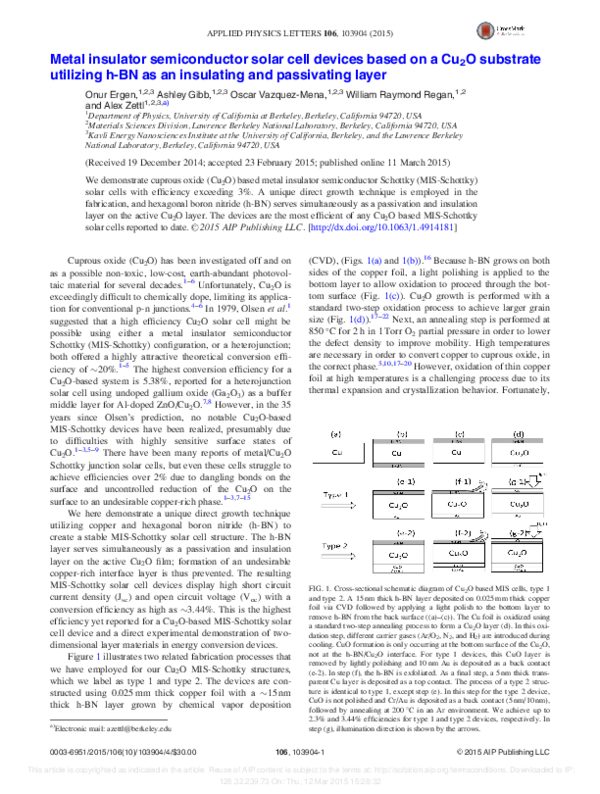 (PDF) Metal insulator semiconductor solar cell devices based on a Cu2O ...