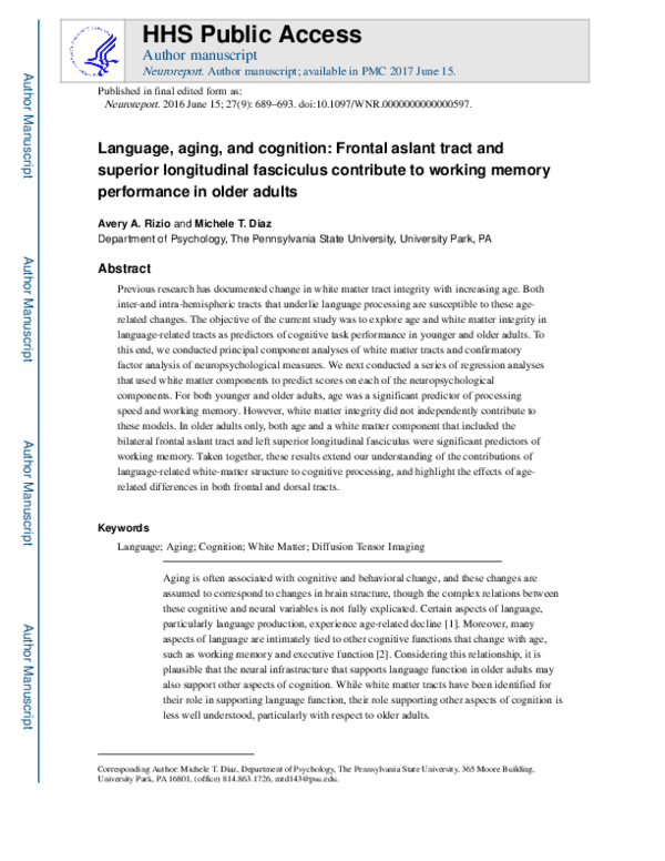 (PDF) Language, aging, and cognition: frontal aslant tract and superior longitudinal fasciculus ...