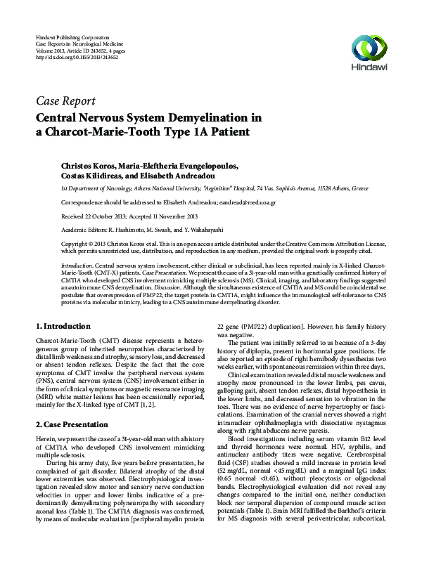 (PDF) Central Nervous System Demyelination in a Charcot-Marie-Tooth Type 1A Patient | Christos ...
