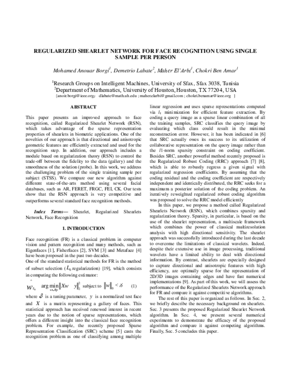 (PDF) Regularized Shearlet Network for face recognition using single ...