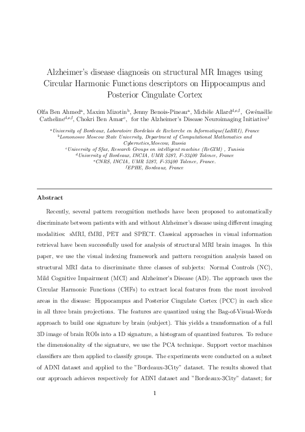 (PDF) Alzheimer's disease diagnosis on structural MR images using circular harmonic functions ...