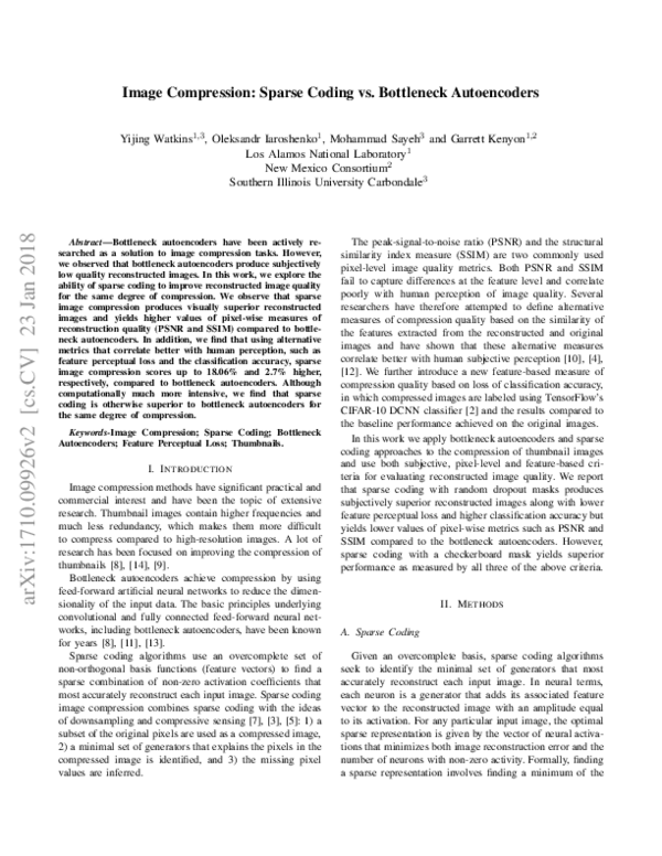 (PDF) Image Compression: Sparse Coding vs. Bottleneck Autoencoders